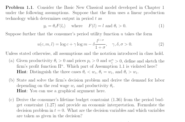 Solved Problem 1.1. Consider the Basic New Classical model | Chegg.com