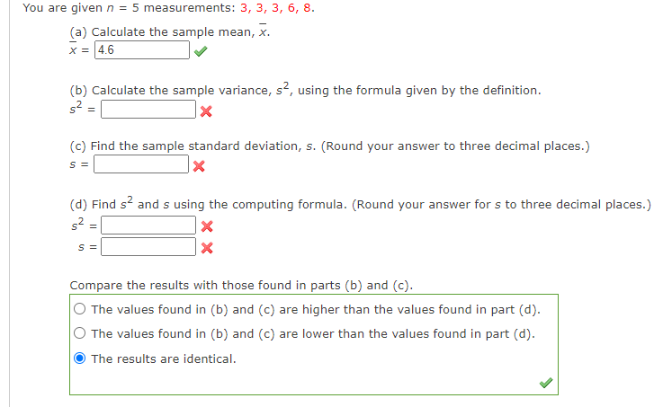 Solved are given n=5 measurements: 3,3,3,6,8. (a) Calculate | Chegg.com