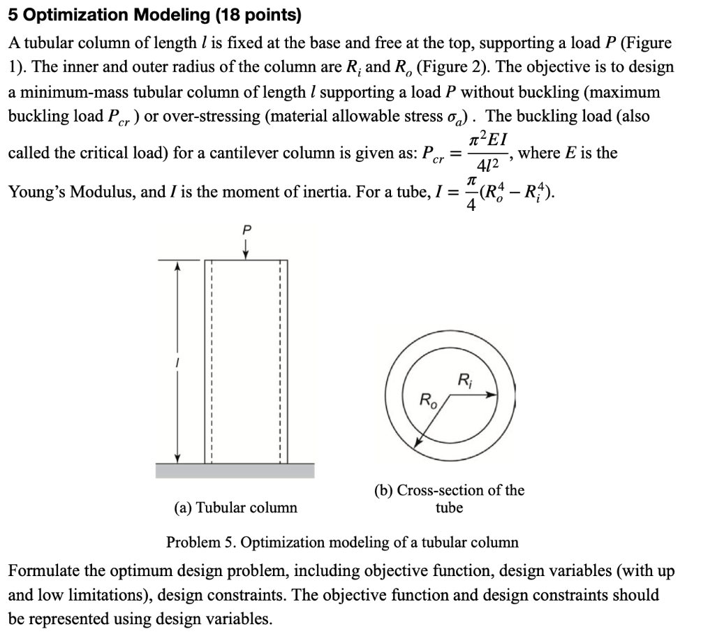 Solved 5 Optimization Modeling (18 points) A tubular column | Chegg.com
