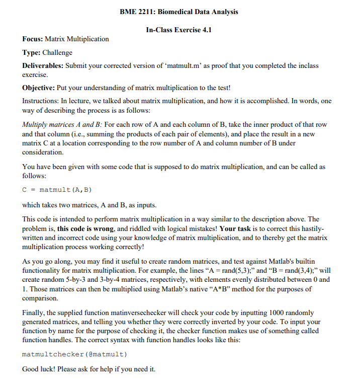 Solved BME 2211: Biomedical Data Analysis In-Class Exercise | Chegg.com