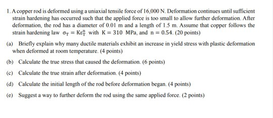 Solved 1. A copper rod is deformed using a uniaxial tensile | Chegg.com