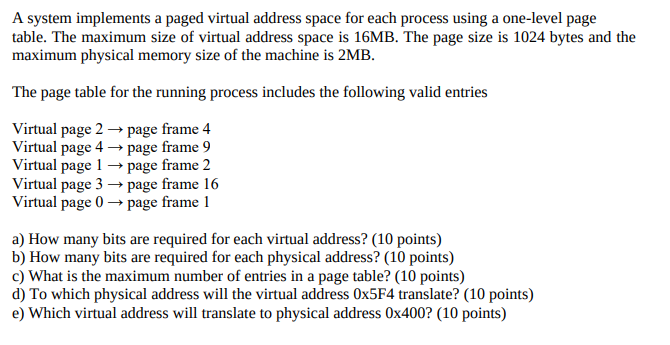 Solved A system implements a paged virtual address space for | Chegg.com