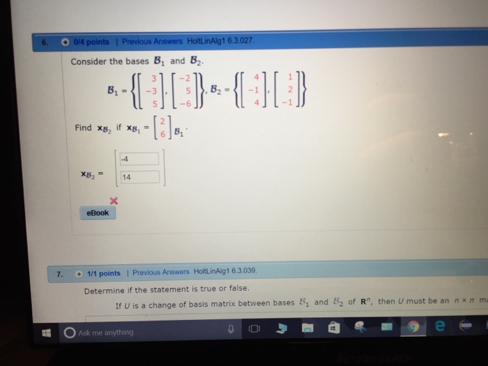 Solved Consider the bases B_1 and B_2. B_1 = {[3 -3 5], | Chegg.com