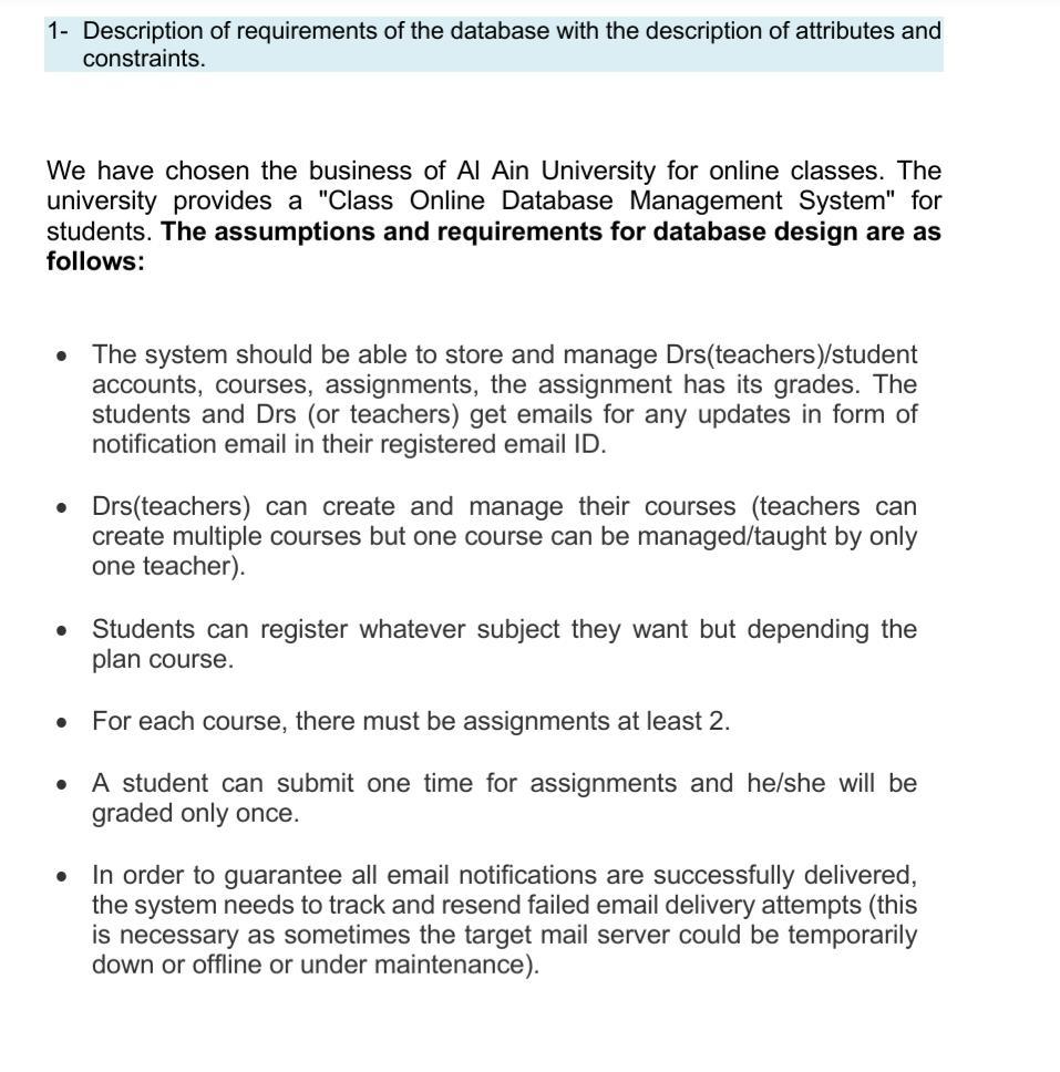 Solved 1- Description of requirements of the database with | Chegg.com