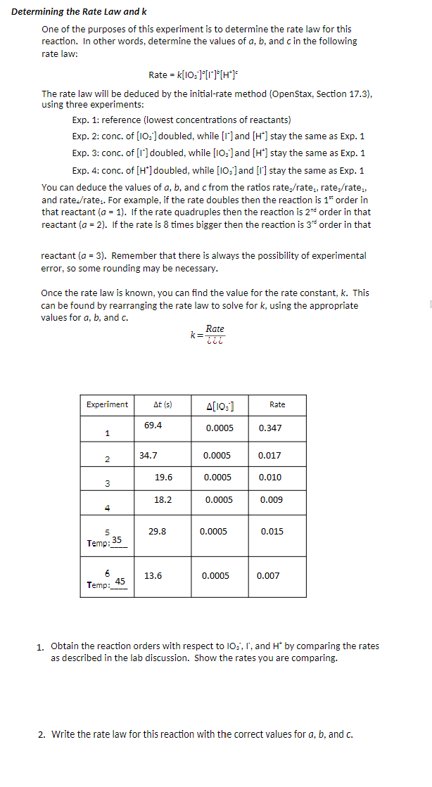 Solved Determining the Rate Law and kOne of the purposes of | Chegg.com