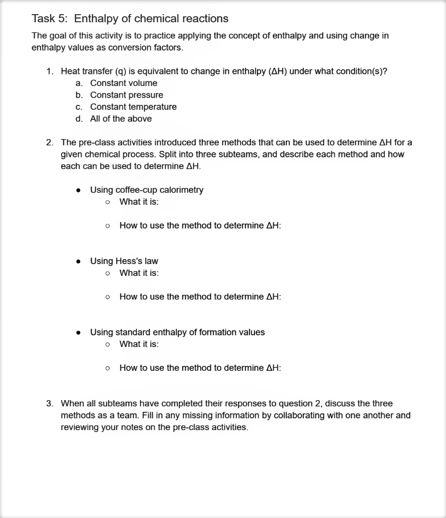 Solved Task 5: Enthalpy of chemical reactions The goal of | Chegg.com