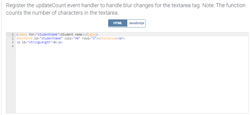 Solved Register the updateCount event handler to handle blur | Chegg.com