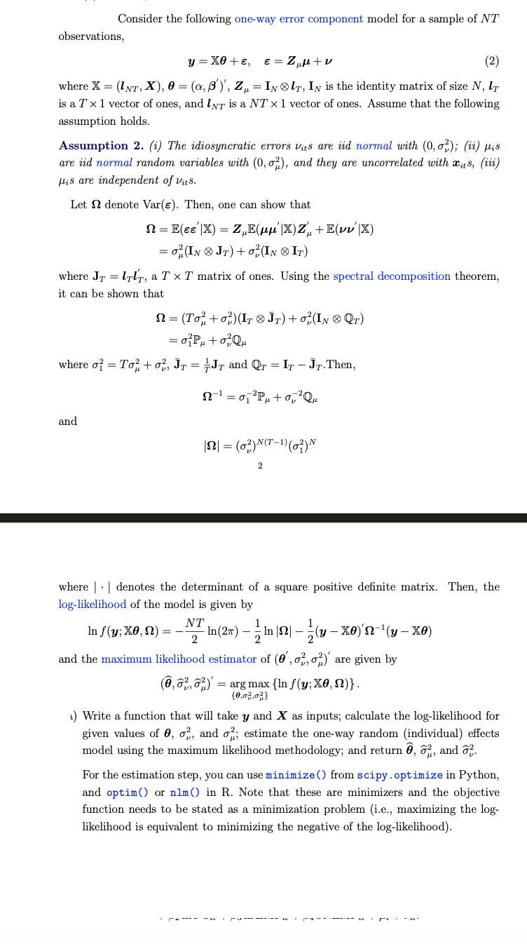 Consider the following one-way error component model | Chegg.com