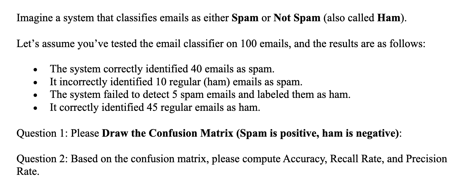 Solved Question 1: Please Draw the Confusion Matrix (Spam is | Chegg.com