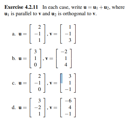 Solved Exercise 4.2.11 In each case, write u=u1+u2, where u1 | Chegg.com
