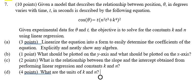 7. (10 points) Given a model that describes the | Chegg.com