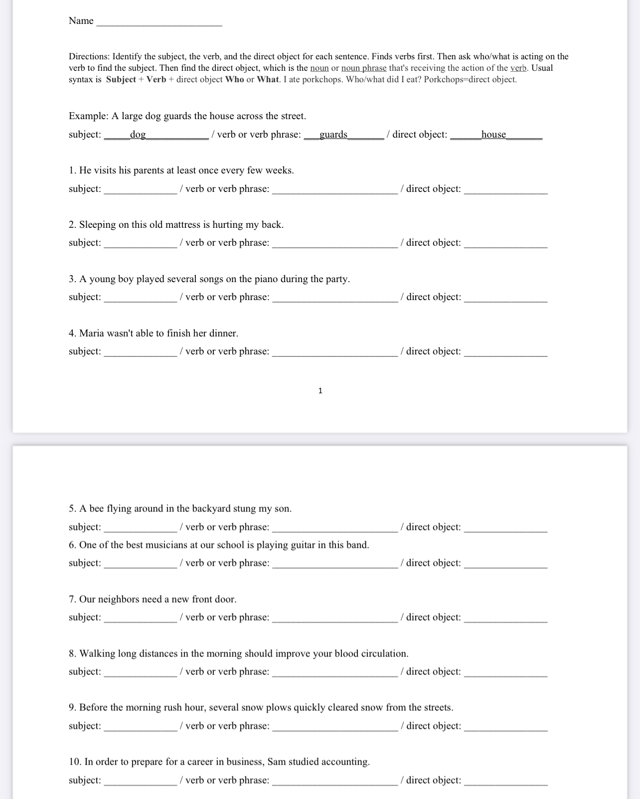Solved NameDirections: Identify the subject, the verb, and | Chegg.com