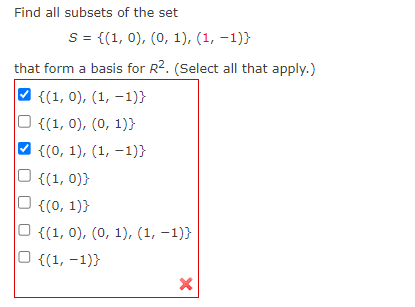 Solved Find all subsets of the set S={(1,0),(0,1),(1,−1)} | Chegg.com