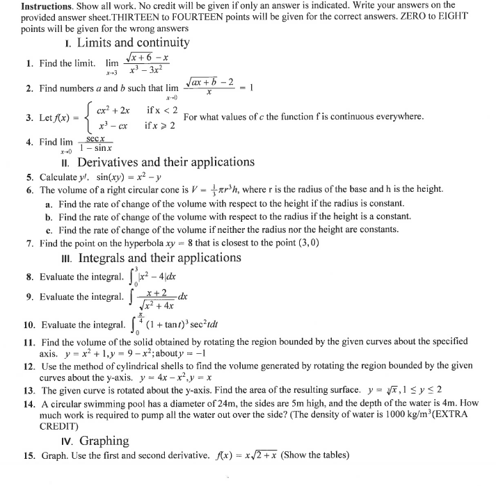 Solved Instructions. Show all work. No credit will be given | Chegg.com