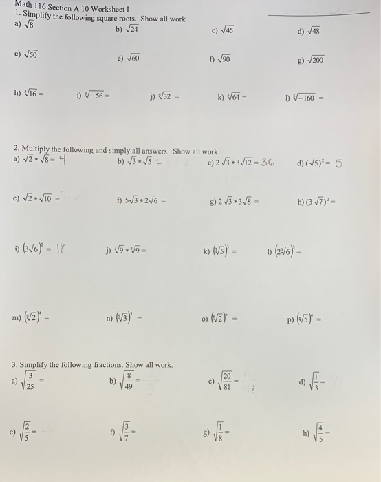 Solved Math 116 Section A 10 WorksheetI 1. Simplify the | Chegg.com