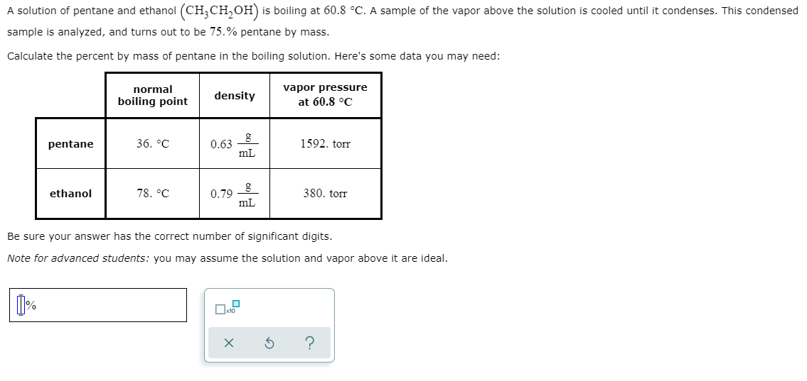 Solved A solution of pentane and ethanol (CH3CH2OH) is | Chegg.com
