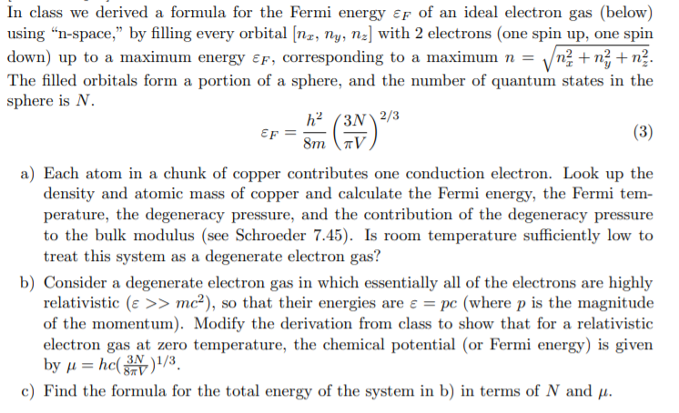 EF () In class we derived a formula for the Fermi | Chegg.com