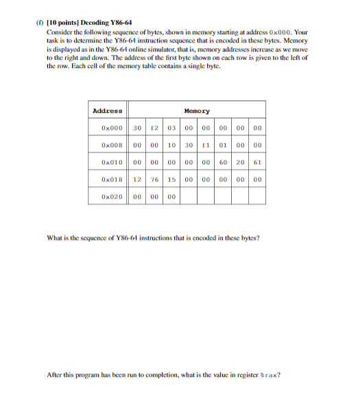 (0 [10 points] Decoding Y86-64 Consider the following | Chegg.com