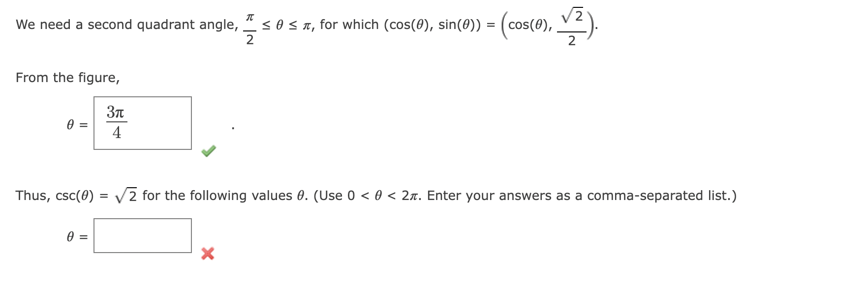 Solved We need a second quadrant angle, π2≤θ≤π, ﻿for which | Chegg.com