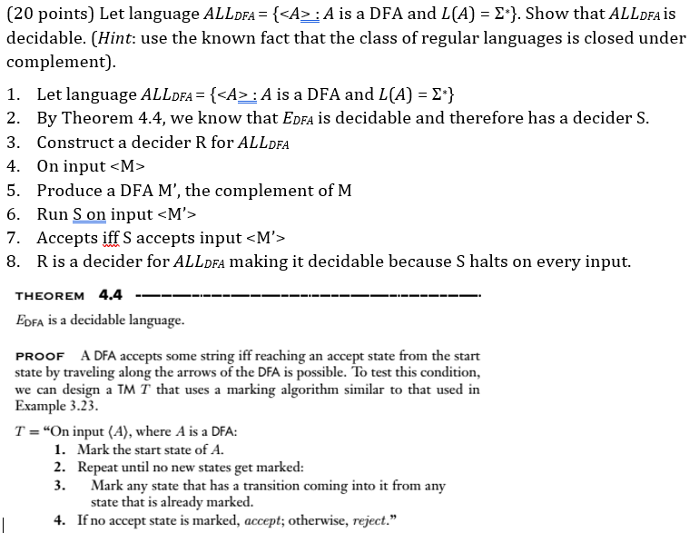 Solved (20 points) Let language ALLDFA= { : A is a DFA | Chegg.com