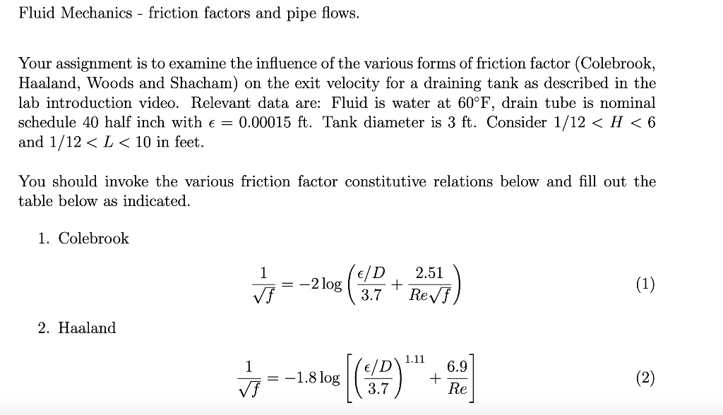Fluid Mechanics - friction factors and pipe flows. | Chegg.com
