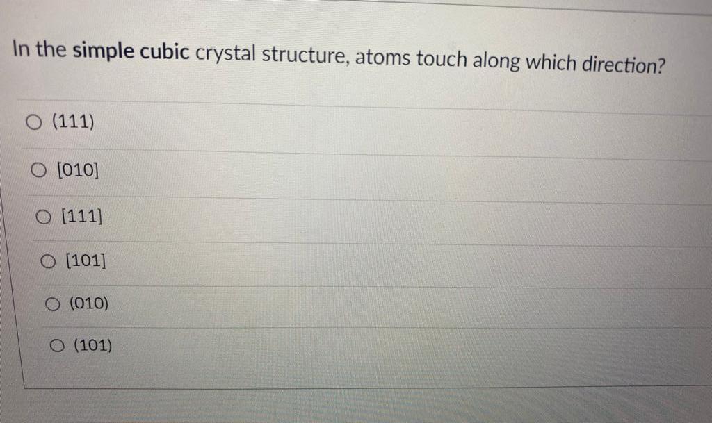 Solved In the simple cubic crystal structure, atoms touch | Chegg.com
