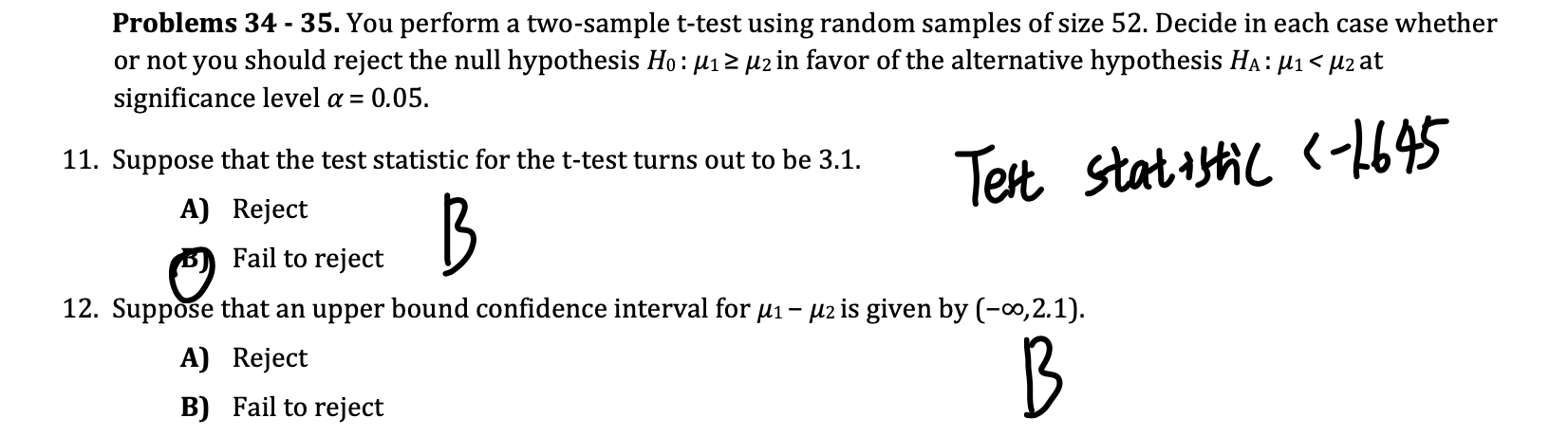 Solved Problems 34 - 35. You perform a two-sample t-test | Chegg.com