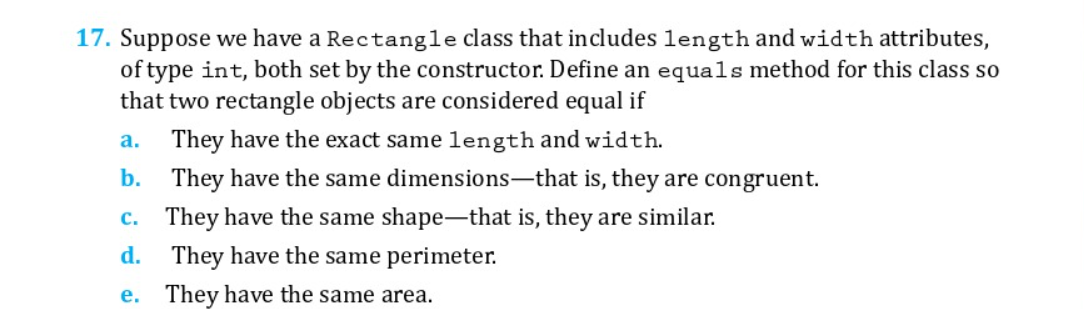 Solved Need help creating 5 return statements of equals | Chegg.com