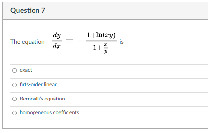 Solved Question 7 The equation dy d2 1+In(ay) 1+ is y O | Chegg.com