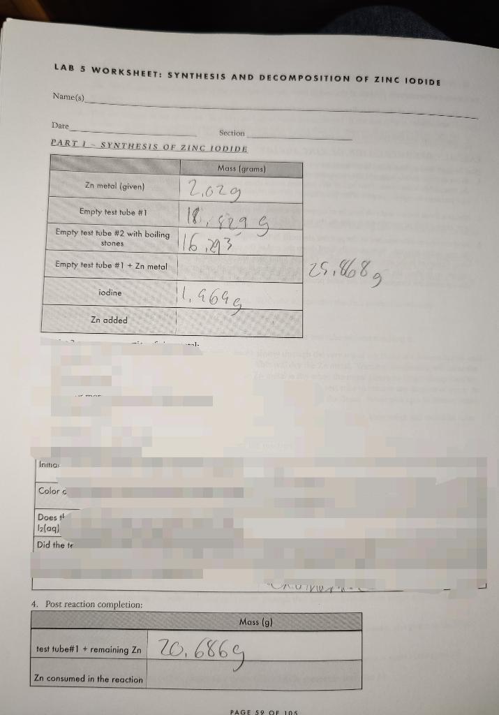 Solved LAB 5 WORKSHEET: SYNTHESIS AND DECOMPOSITION OF ZINC | Chegg.com