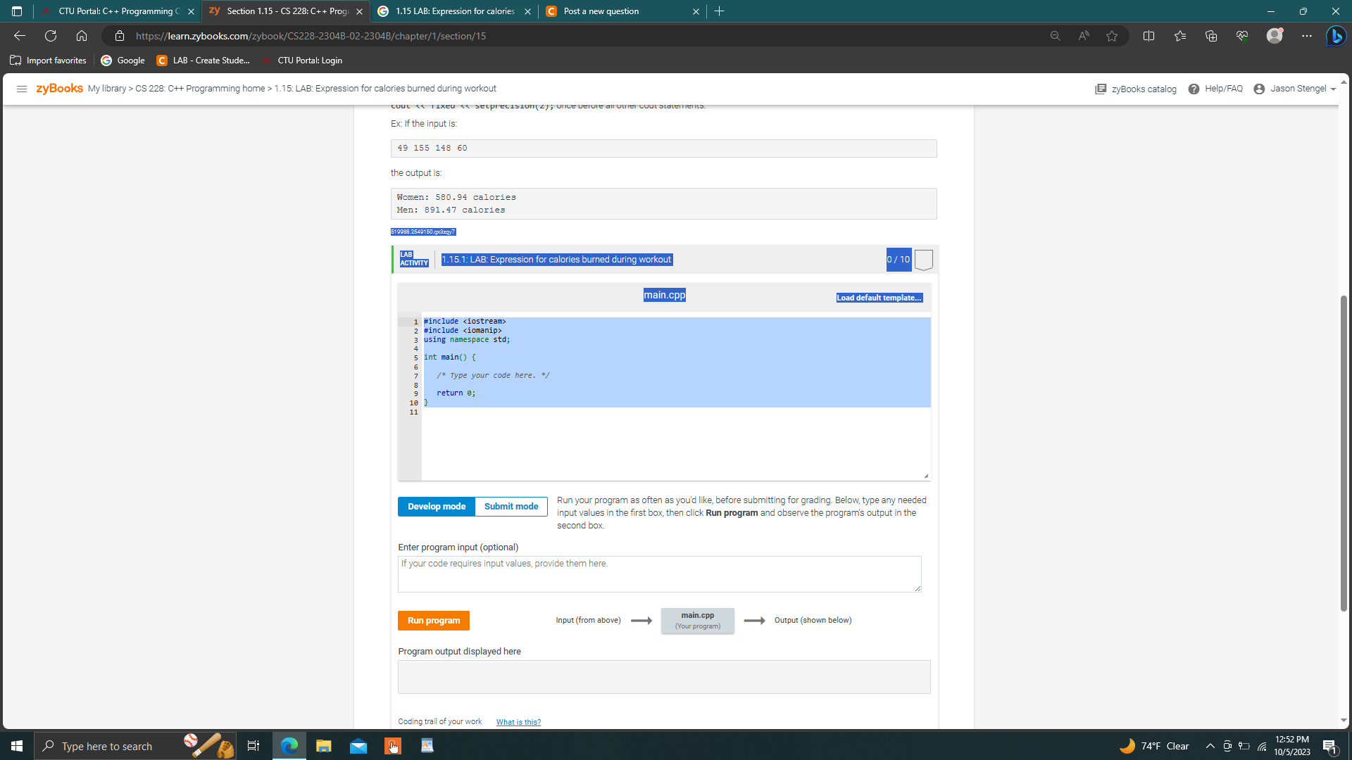 Solved in c++1.15 LAB: Expression for calories burned during | Chegg.com