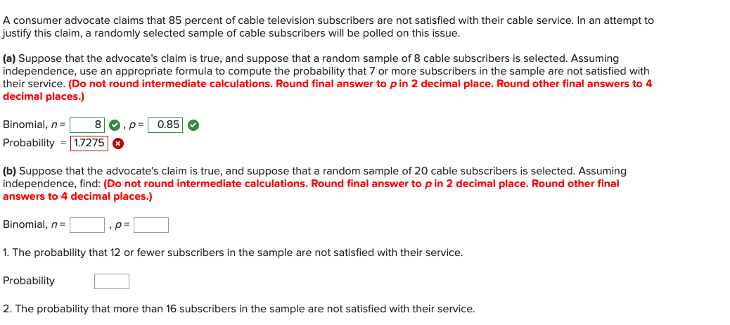 Solved A consumer advocate claims that 85 percent of cable | Chegg.com