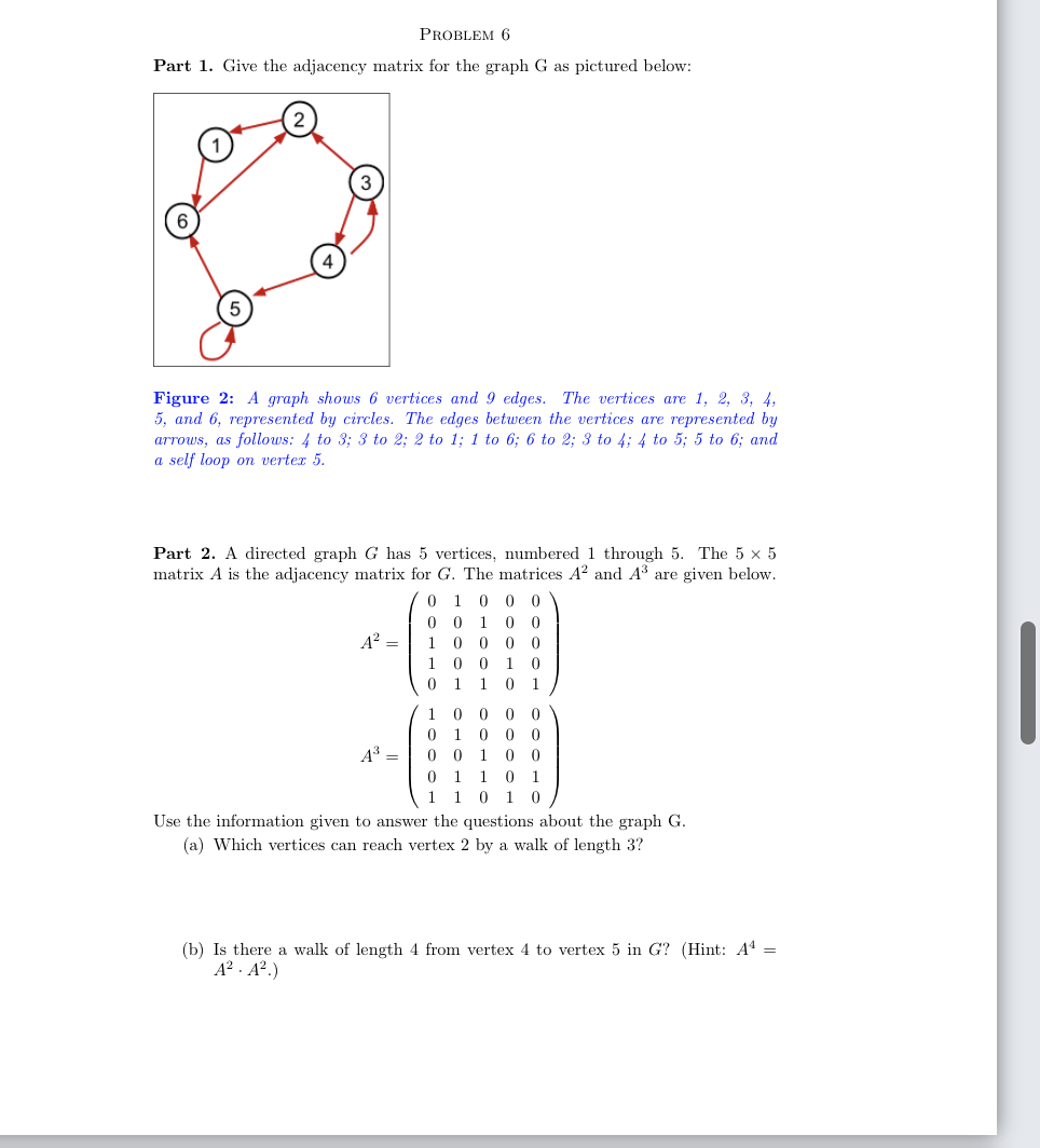Solved PROBLEM 6 Part 1. Give the adjacency matrix for the | Chegg.com