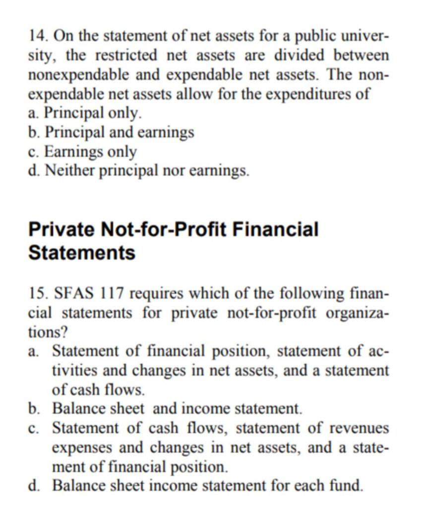 Solved 14. On the statement of net assets for a public | Chegg.com