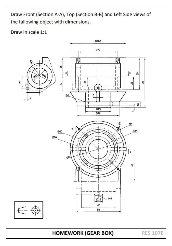 Solved Draw Front (Section A-A), Top (Section B-B) and Left | Chegg.com
