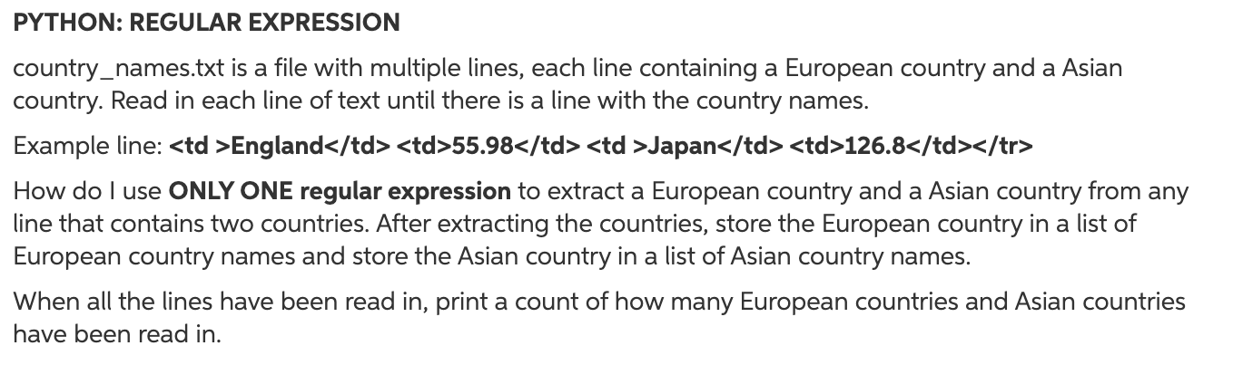 PYTHON: PLEASE USE REGEX (REGULAR EXPRESSION) What I | Chegg.com