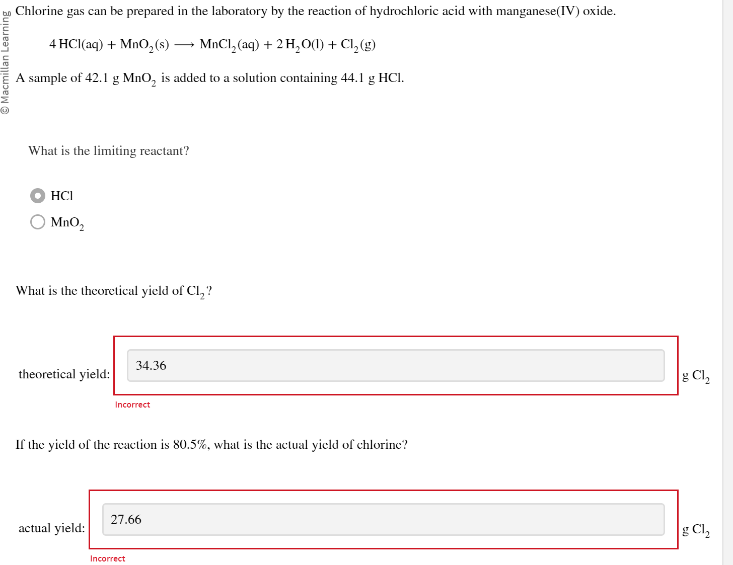 Solved 4HCl(aq)+MnO2( s) MnCl2(aq)+2H2O(l)+Cl2( g) A sample | Chegg.com