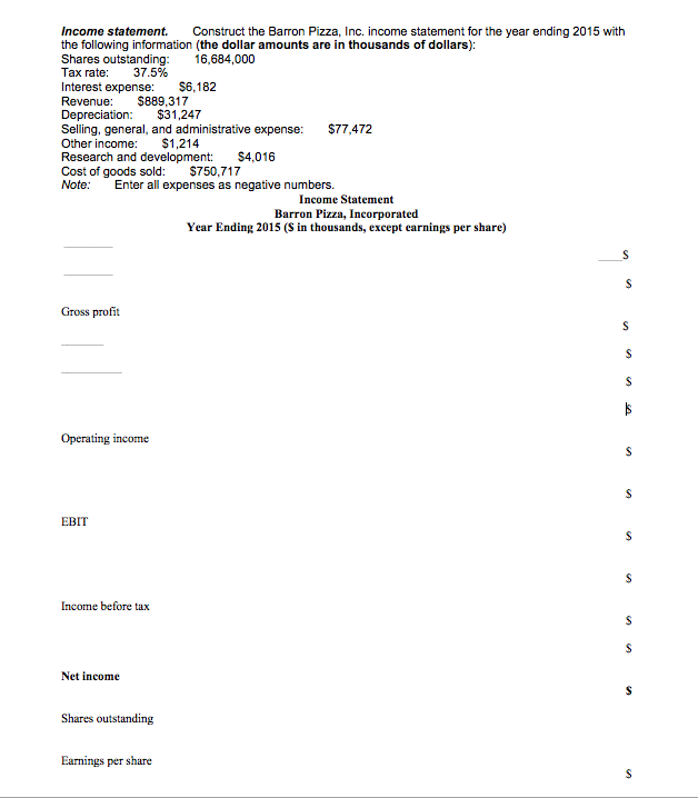 Solved Income statement. Construct the Barron Pizza, Inc. | Chegg.com