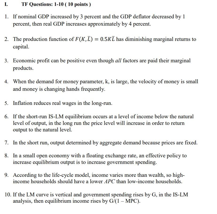 Solved I. TF Questions: 1−10 ( 10 points ) 1. If nominal GDP | Chegg.com