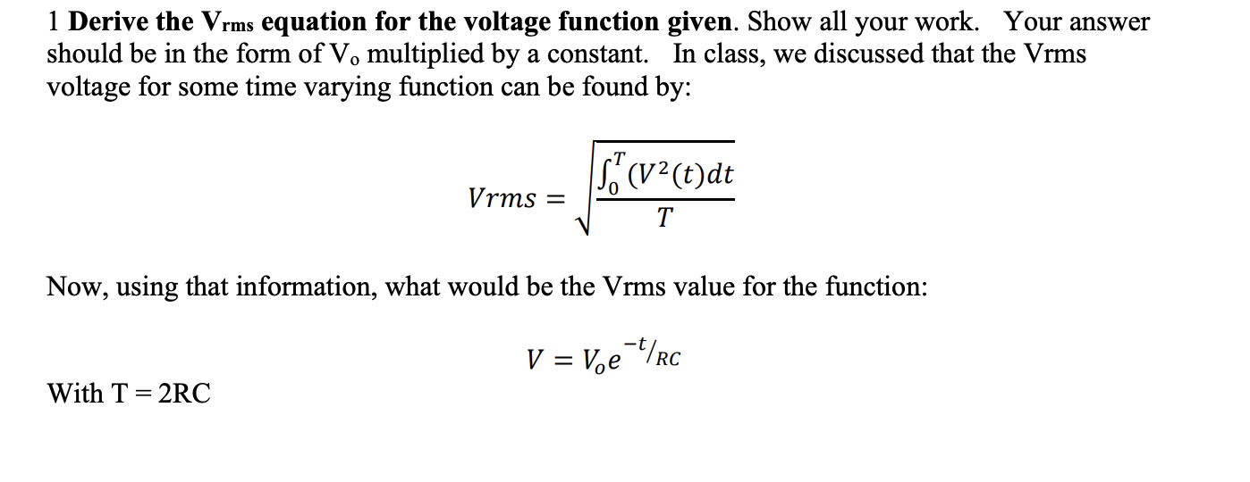 Solved 1 Derive the Vrms equation for the voltage function | Chegg.com