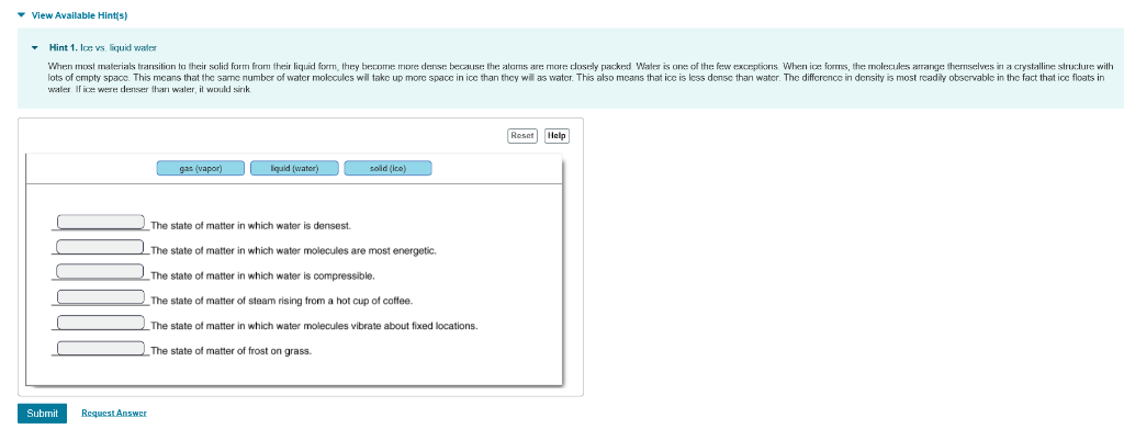Solved View Available Hint s) Hint 1. lce vs. liquid waler | Chegg.com