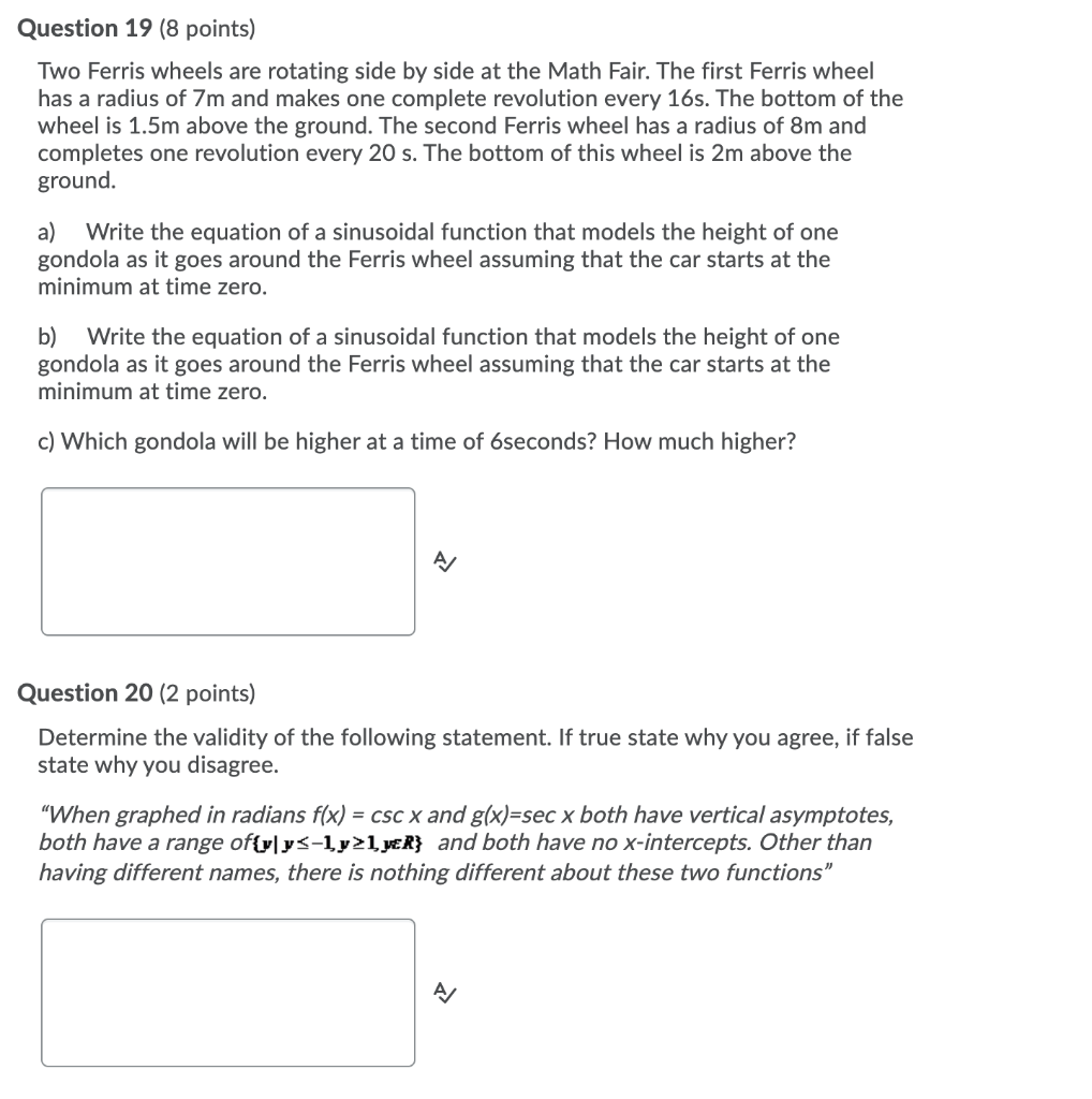 Solved Question 19 (8 points) Two Ferris wheels are rotating | Chegg.com