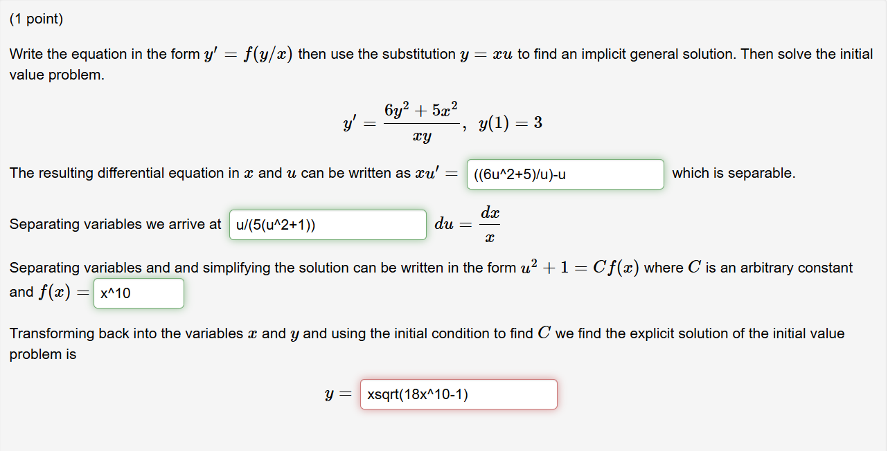 Solved (1 ﻿point)Write the equation in the form y'=f(yx) | Chegg.com