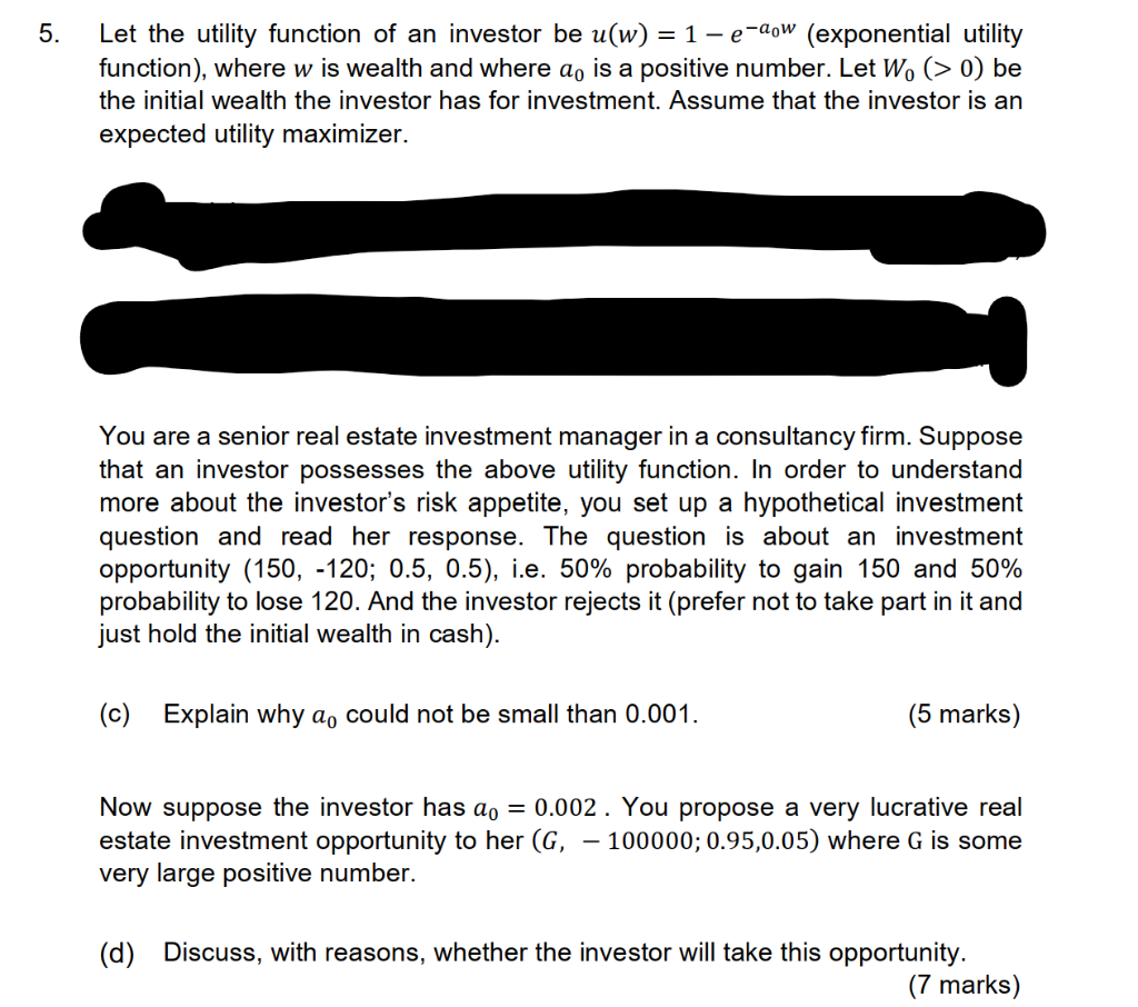 5. Let the utility function of an investor be u(w) = | Chegg.com