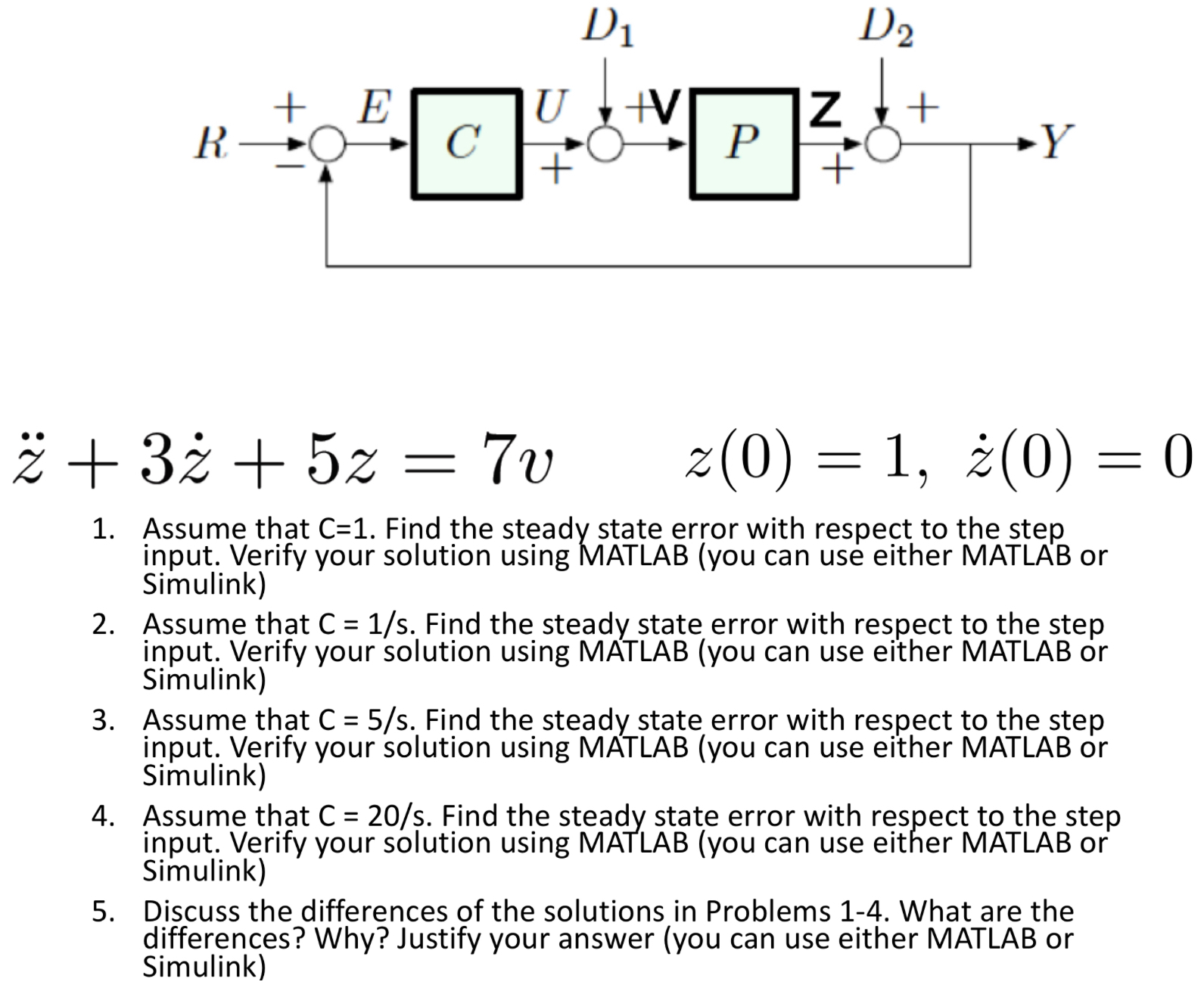 Solved z¨+3z˙+5z=7vz(0)=1,z˙(0)=0 1. Assume that C=1. Find | Chegg.com