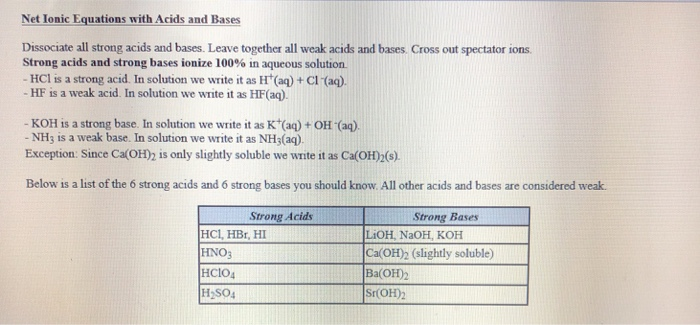 Solved Net Ionic Equations with Acids and Bases Dissociate | Chegg.com