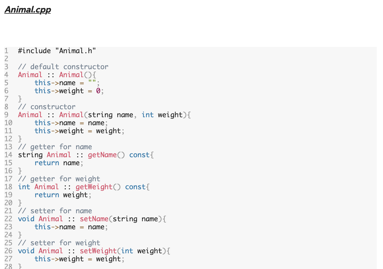 Solved Animal.h Animal.cpp \( \begin{array}{ll}1 & \text { | Chegg.com