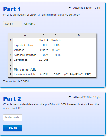 Solved What is the fraction of stock A in the minimum | Chegg.com