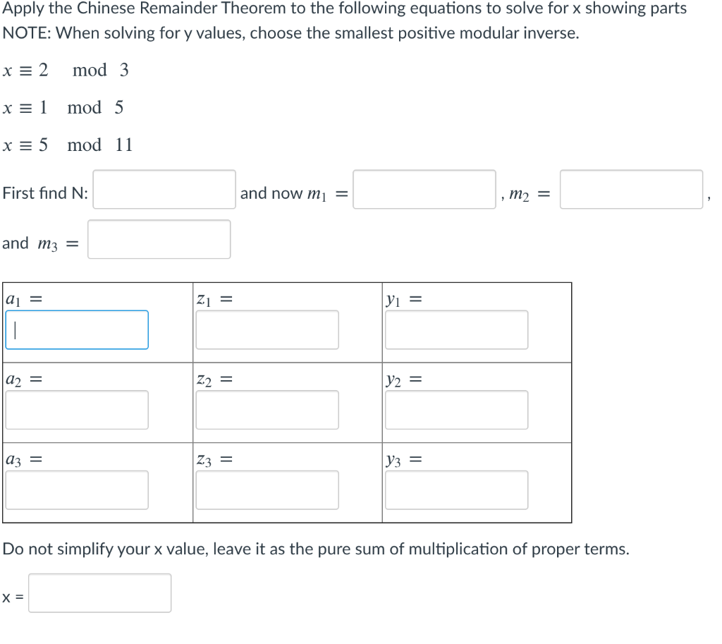 Solved Apply the Chinese Remainder Theorem to the following | Chegg.com