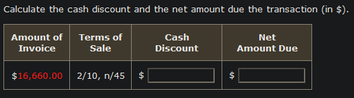 Solved Calculate the cash discount and the net amount due | Chegg.com